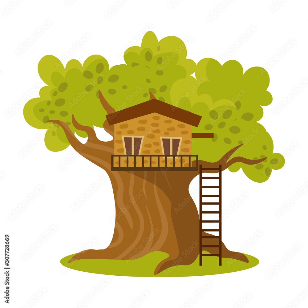 Cute small treehouse with two windows and stairs. Vector illustration ...