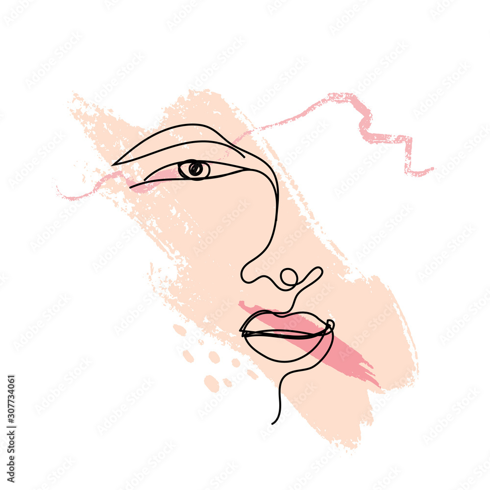 Woman face one line drawing on pastel pink brush strokes. Design ...