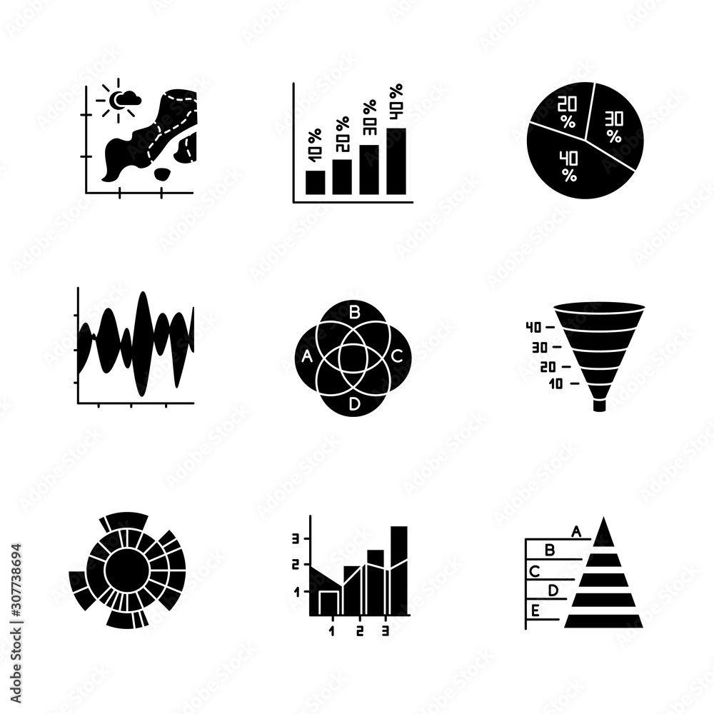 Chart and graph glyph icons set. Temperature map. Vertical histogram ...