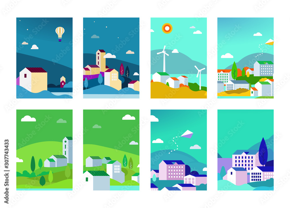 Vector set of urban landscapes backgrounds with buildings and trees ...