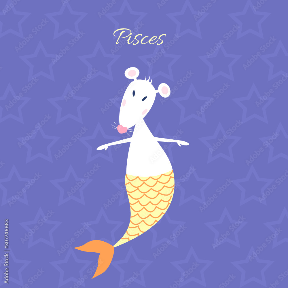 Funny and cute cartoon vector zodiac sign with rat. The Fish (Pisces ...