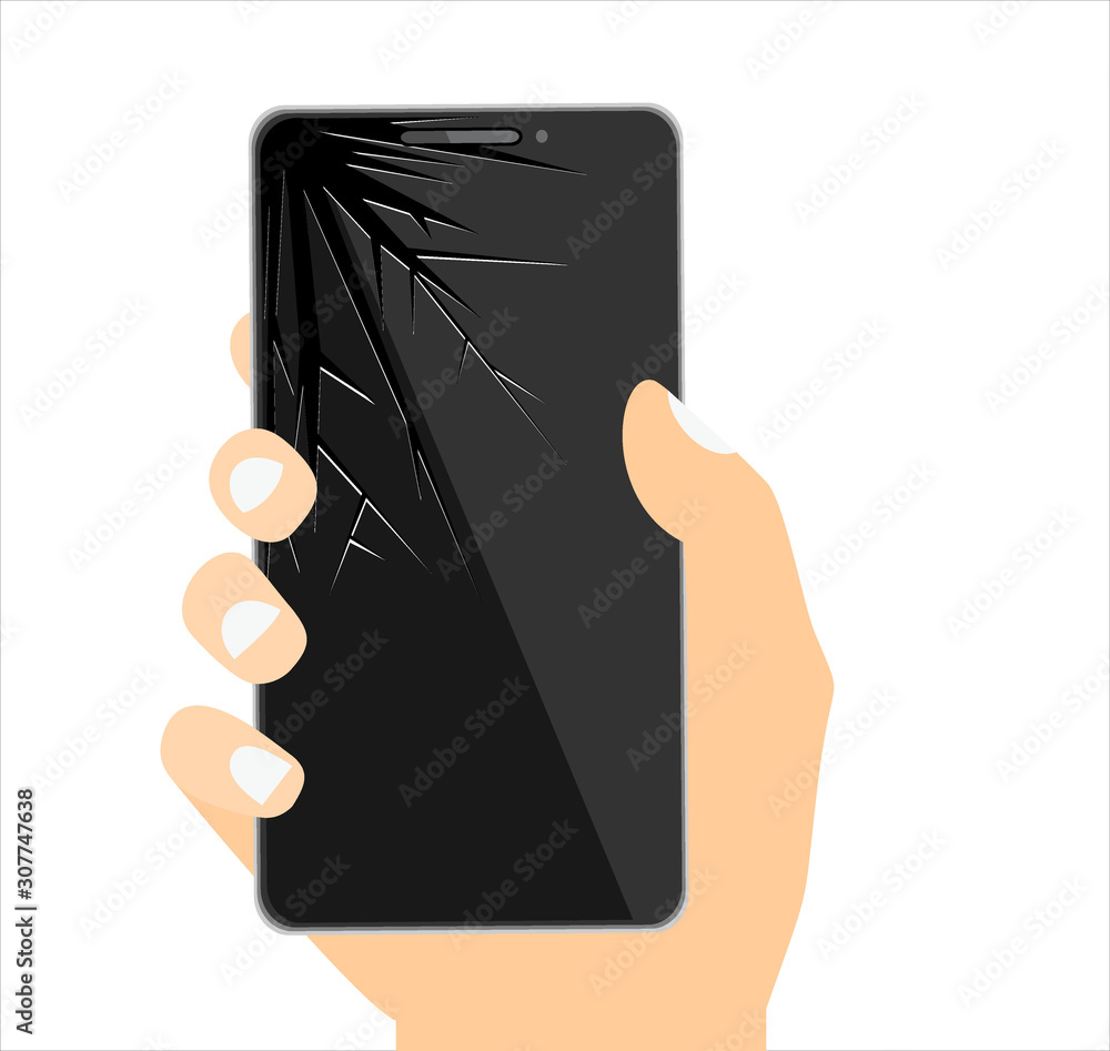 Smartphone with cracked screen. Damaged display. Broken glass ...