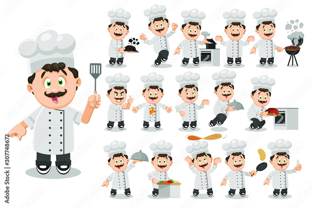Big vector cartoon set with mustached chef in uniform who cooking ...