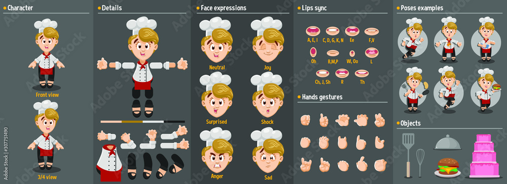 Cartoon cook, chef woman constructor for animation. Parts of body: legs ...