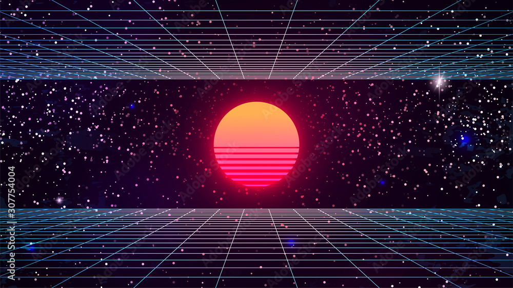 Synthwave Sunset Background. 80s Sun Backdrop. Blue perspective grids ...