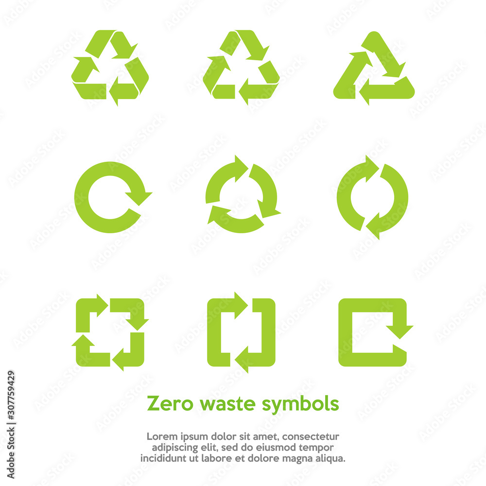 Green zero waste symbols set on the white background. Reuse, renew ...