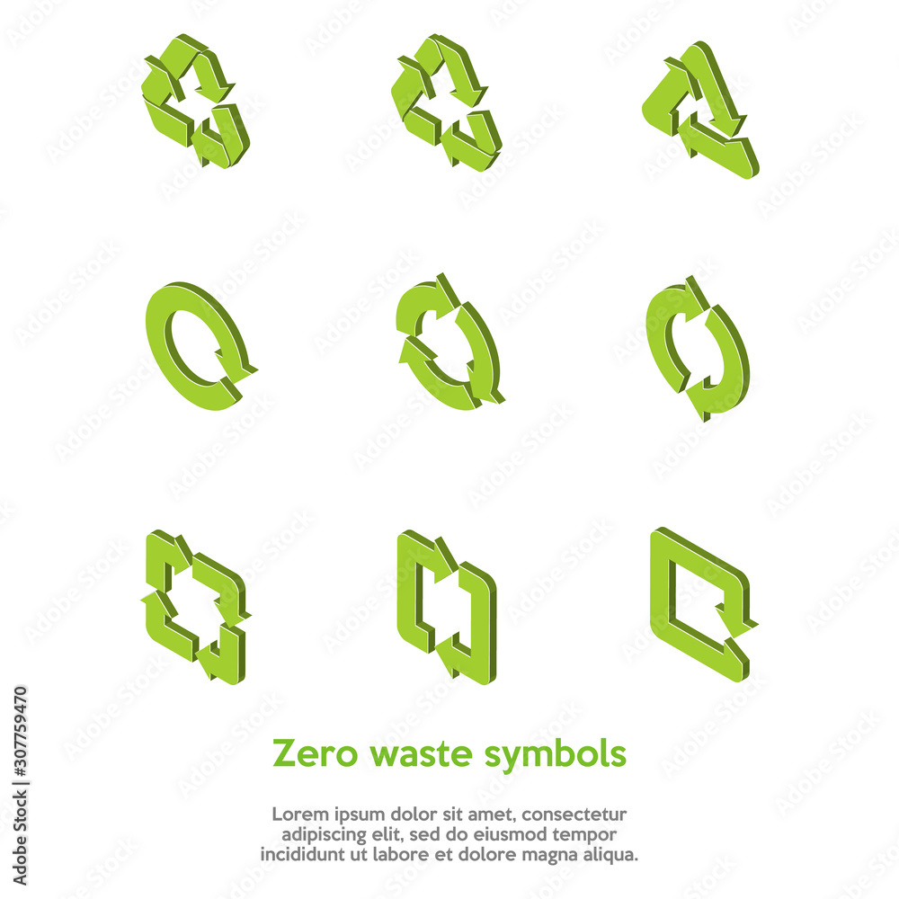 Isometric green zero waste symbols set on the white background. Reuse ...