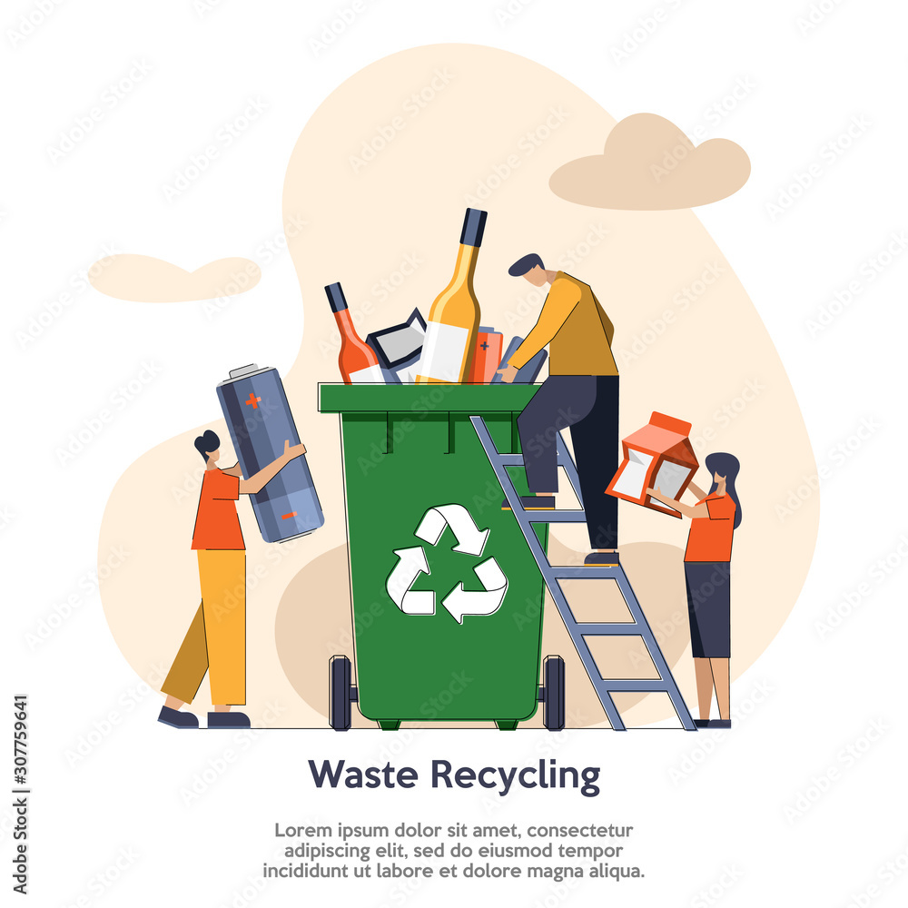 Waste recycling - people is throwing garbage into the container. Place ...