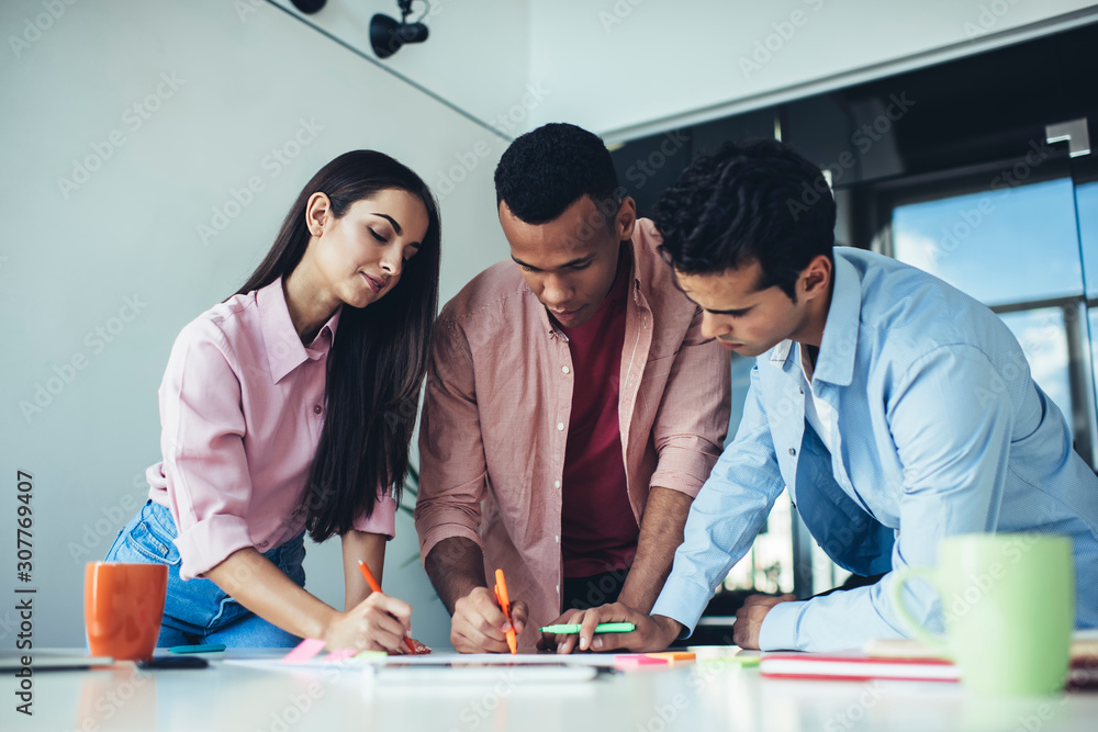 Intelligent colleagues cooperating indoors checking management project ...