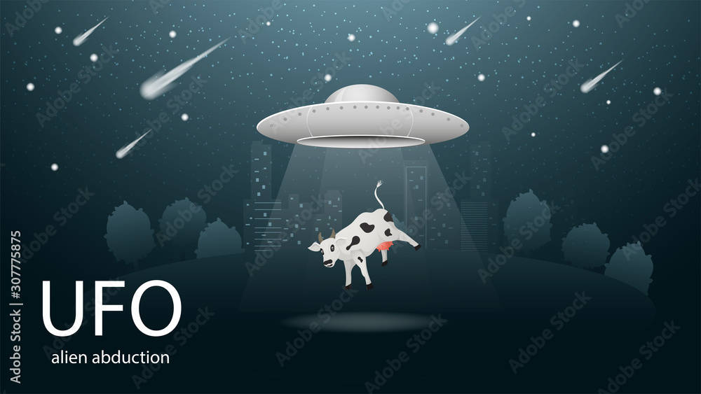 flying saucer UFO abducting animal is the cow in the beam of light ...