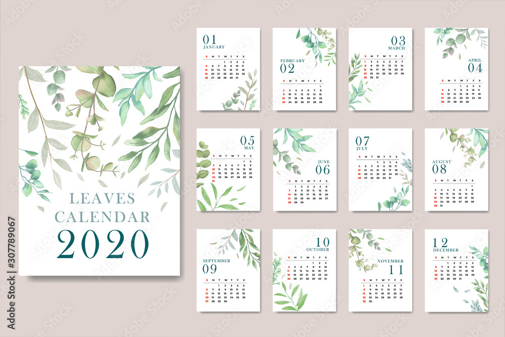 Calendar for 2020 with watercolor leaves Stock Vector | Adobe Stock