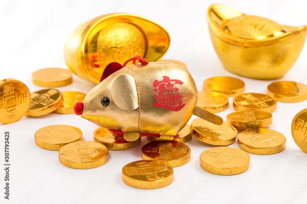 Gold COINS, gold ingot and mascot for the year of the rat Stock Photo ...