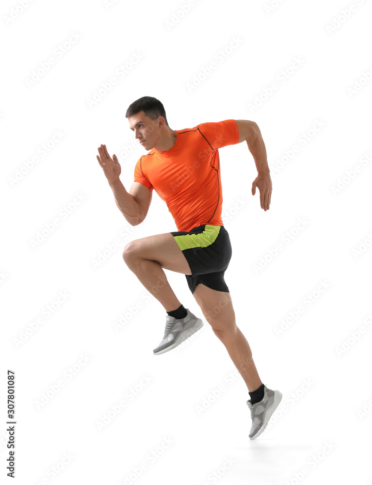Athletic young man running on white background, side view Stock Photo ...