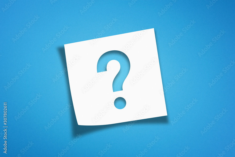 Note paper with question mark on blue background Stock Photo | Adobe Stock
