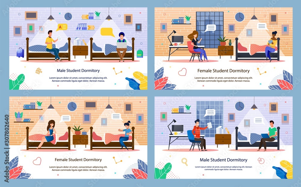 Modern Student Dormitory Life Trendy Flat Vector Banners, Posters ...