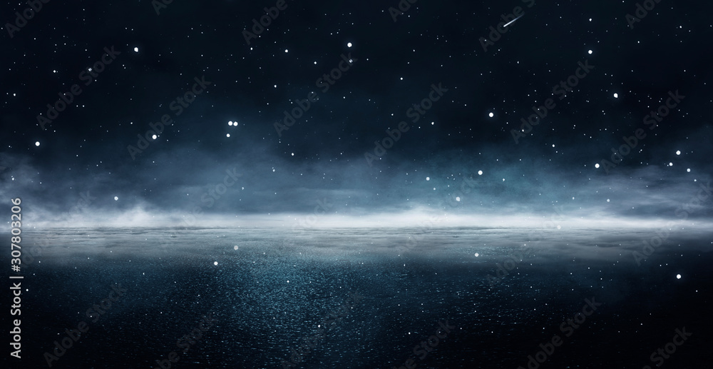Empty night nature scene. The night starry sky, the rays of the blue ...