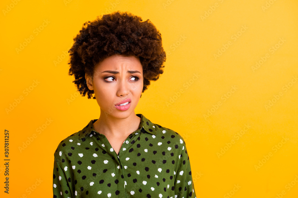 Close up photo of upset sad afro american girl look copy space hear ...
