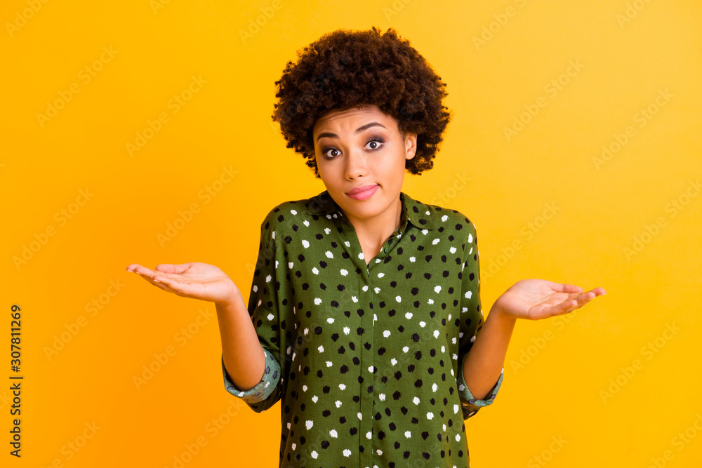 Not my problem. Photo of beautiful dark skin lady holding palms raised ...