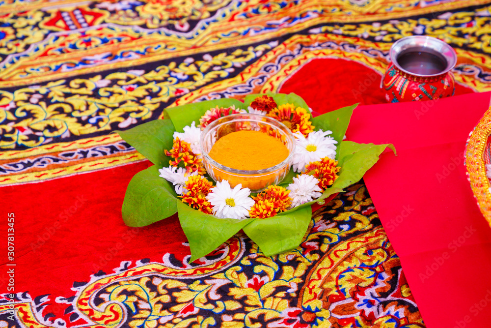 Traditional wedding ceremony in Hinduism: Turmeric in bowl for haldi ...