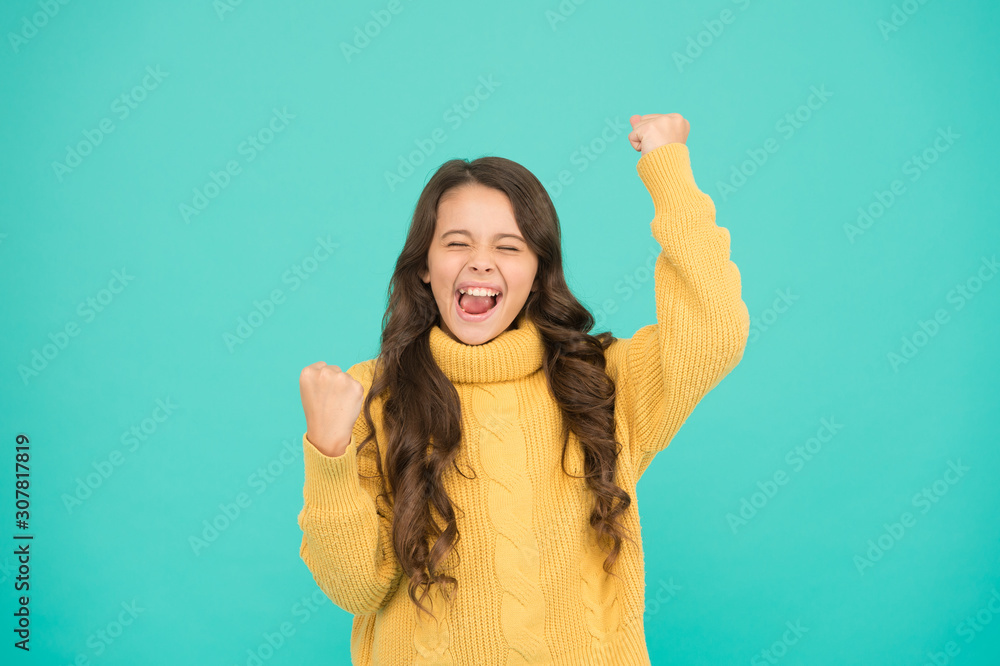 Adorable smiling girl wear yellow sweater turquoise background ...