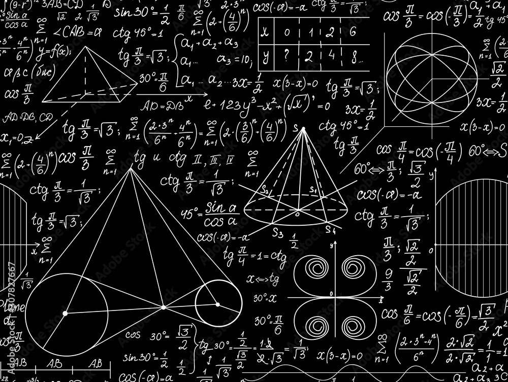 Math vector seamless pattern with handwritten formulas, functions and ...
