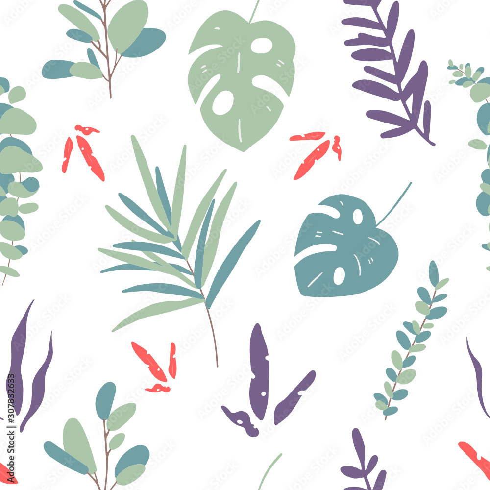 Seamless cute leaves pattern on white background. vector leaves. Can be ...