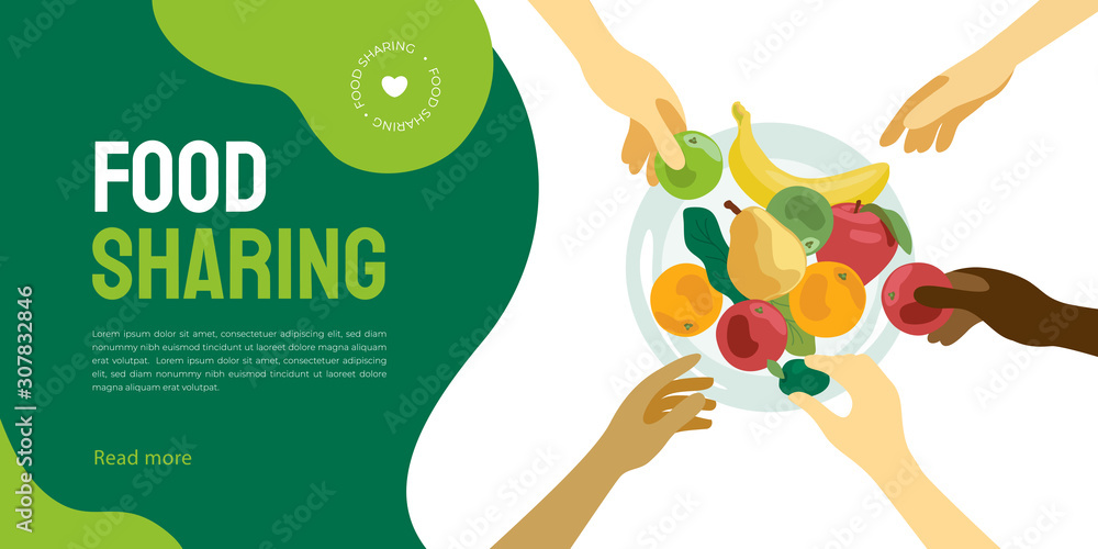 Food sharing illustration. Layout of share meal, waste reduction, help ...