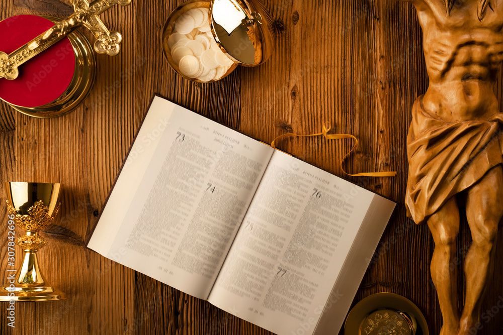 Catholic religion symbols. The Cross, monstrance, Jesus figure, Holy ...