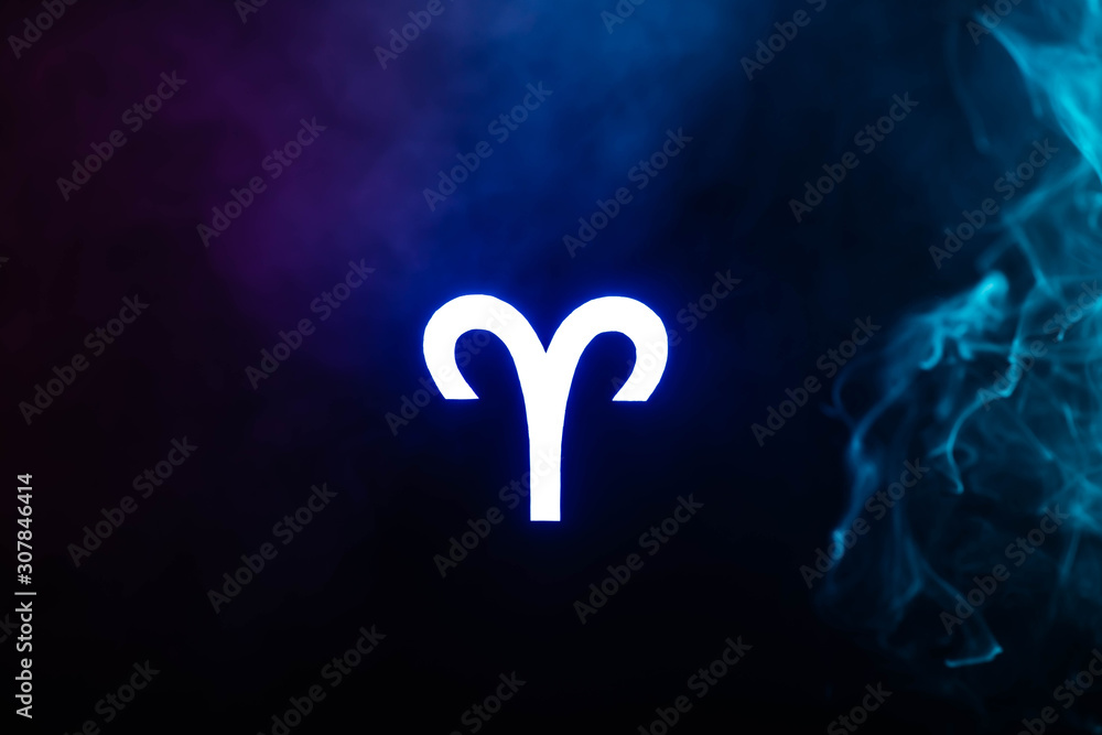 blue illuminated Aries zodiac sign with smoke on background Stock Photo ...