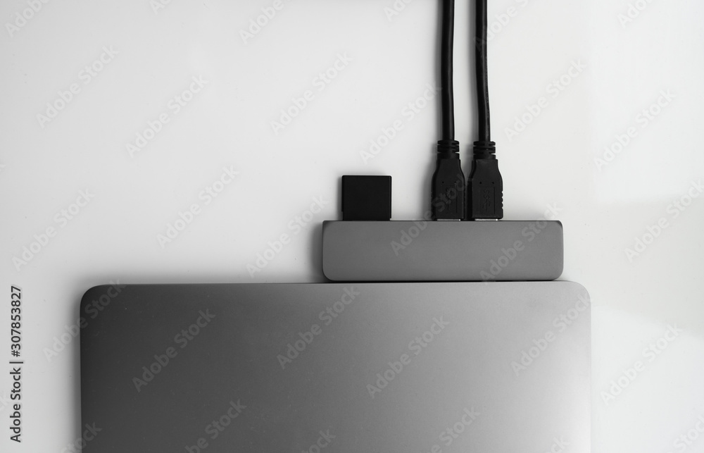 Laptop with USB Type-C adapter with pluged USB cables and SD card. The ...