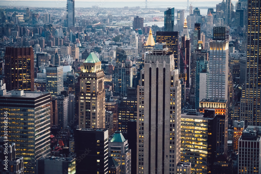 Aerial view of various high Manhattan skyscrapers buildings with ...