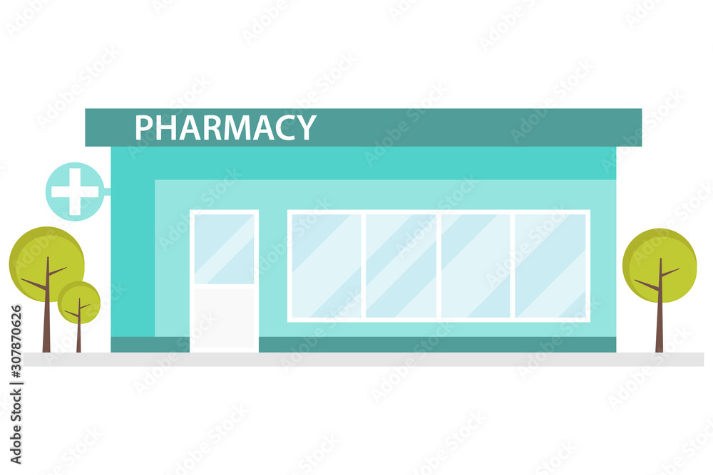 Pharmacy building in a flat design. Interior and pharmacy building ...