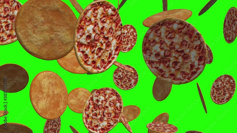 Rain of 3d fresh italian classic original pizzas falling on green screen. American pizza with ...