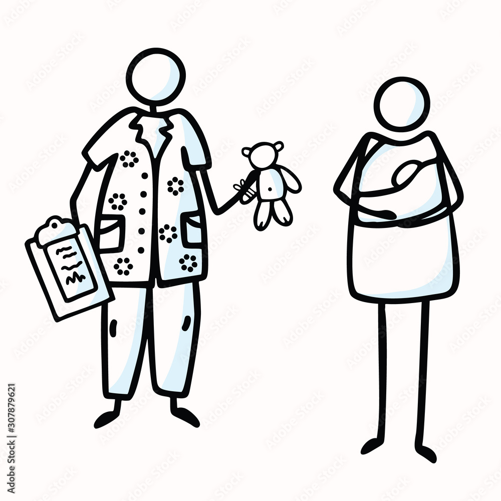 New Mother Stick Figure with Baby Sling. Nurse with Chart, Teddy Toy ...