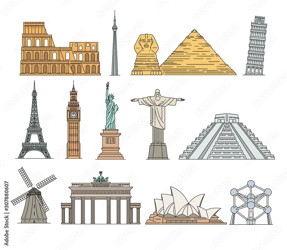 World famous landmarks icons set of sketch vector illustrations ...
