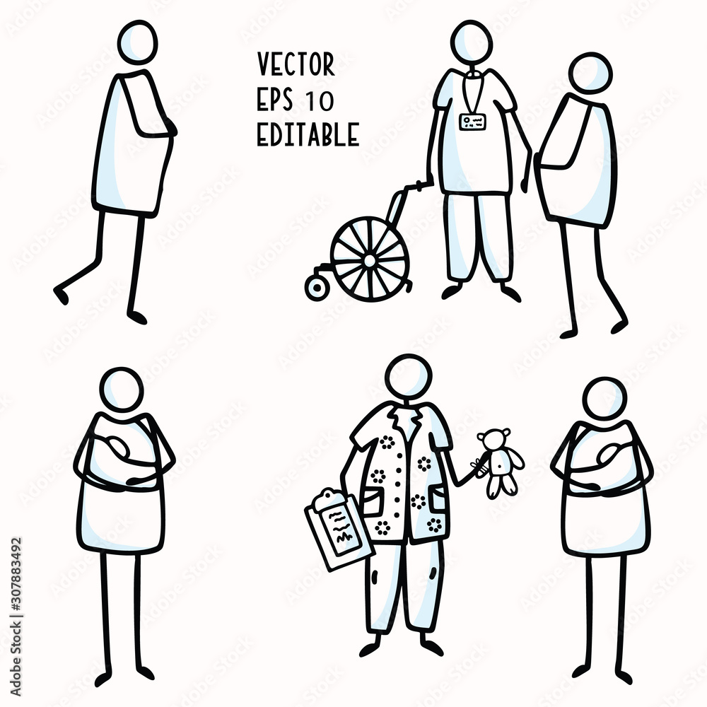 Pregnant Woman Stick Figure with Maternity Nurse Vector Illustration ...