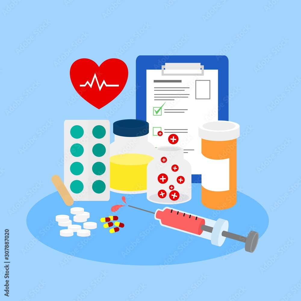 Simple medical symbol with needle pharmacy drug tablet and diagnosis ...