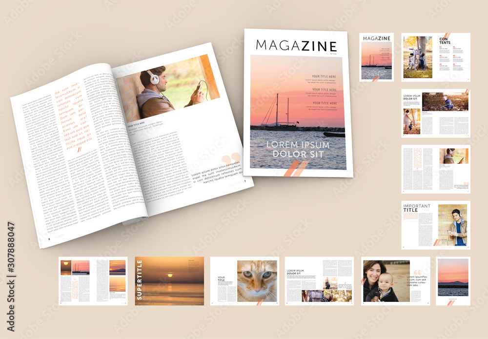 Magazine Layout with Orange Accents Stock Template | Adobe Stock