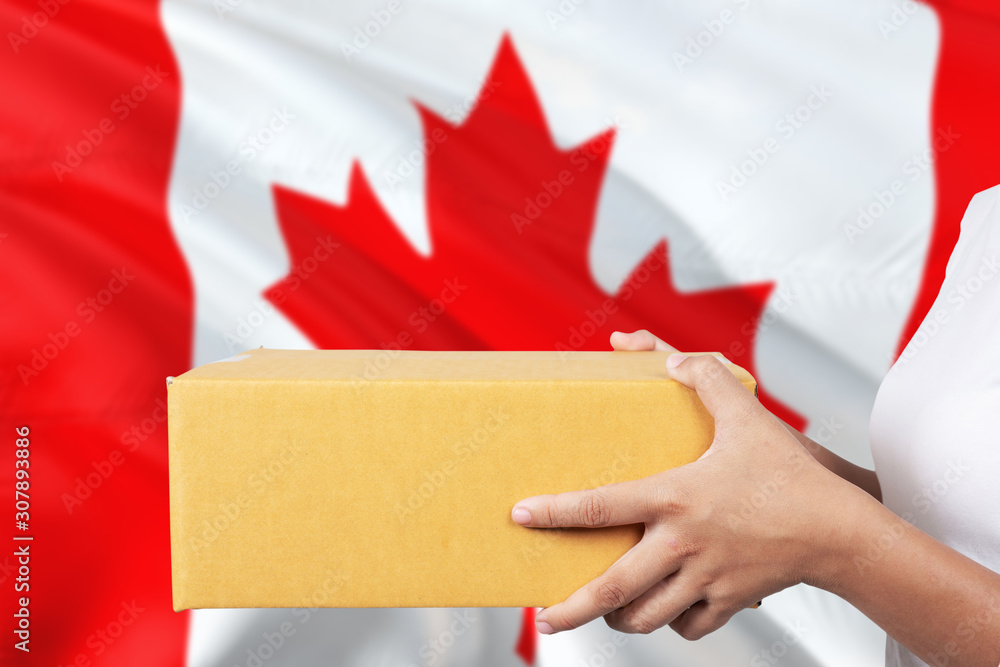 Canada delivery service. International shipment theme. Woman courier ...