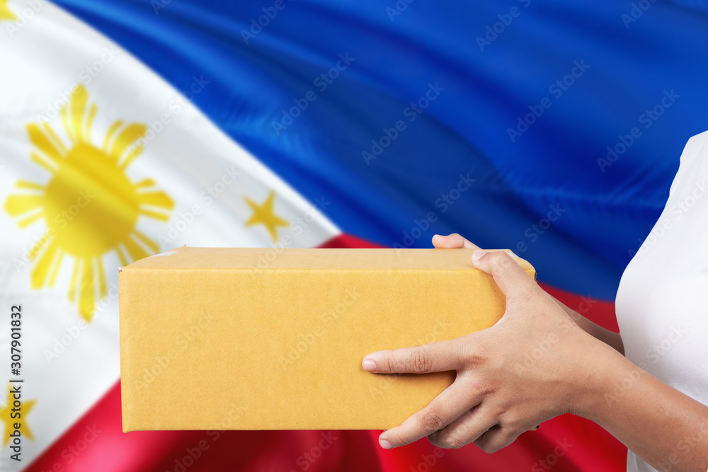 Philippines delivery service. International shipment theme. Woman ...