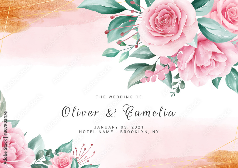 Watercolor floral background for wedding invitation card template with ...