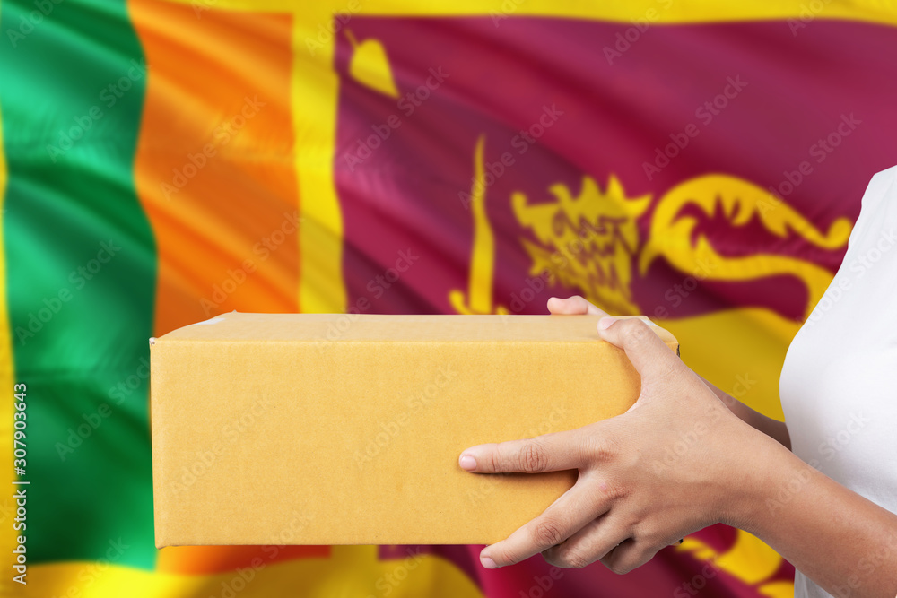 Sri Lanka delivery service. International shipment theme. Woman courier ...