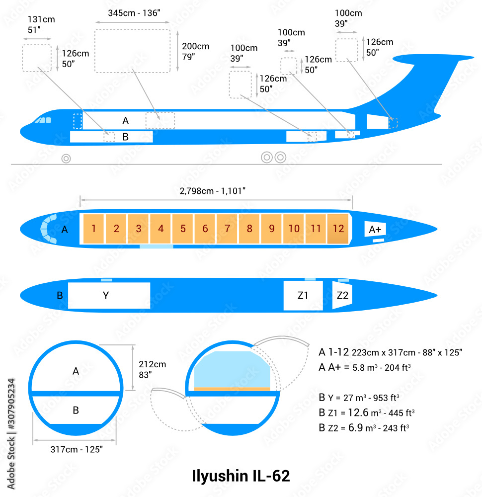 Illyushin IL-62 airplane scheme. Cargo Aircraft Guide. Stock Vector ...