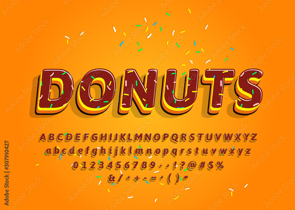 Donuts hand drawn decorative alphabet with colored topping. Cartoon ...