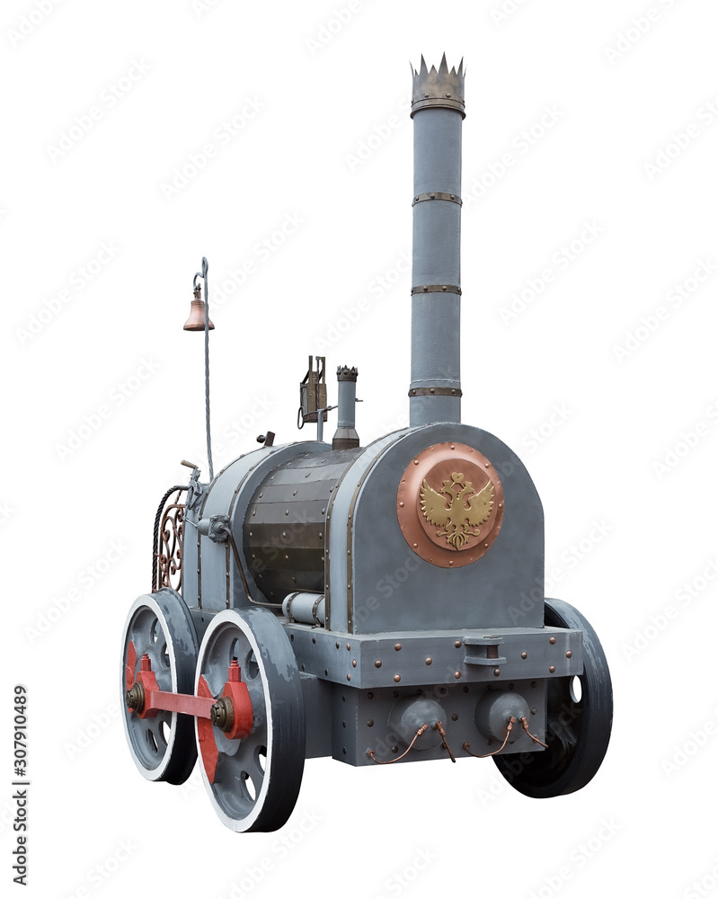 Vintage retro steam train isolated on white background. The first steam ...