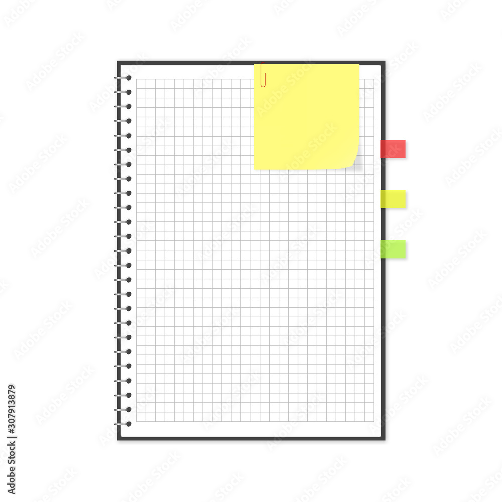 Vector block note with yellow sticker and transparent bookmarks set ...