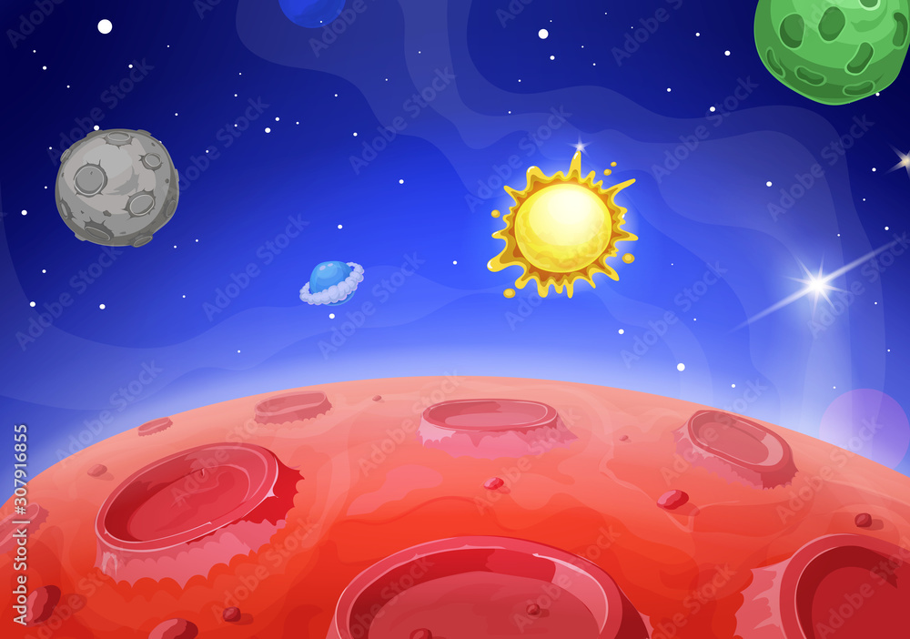 Cartoon alien landscape. Lunar red planet. Sun on space background ...