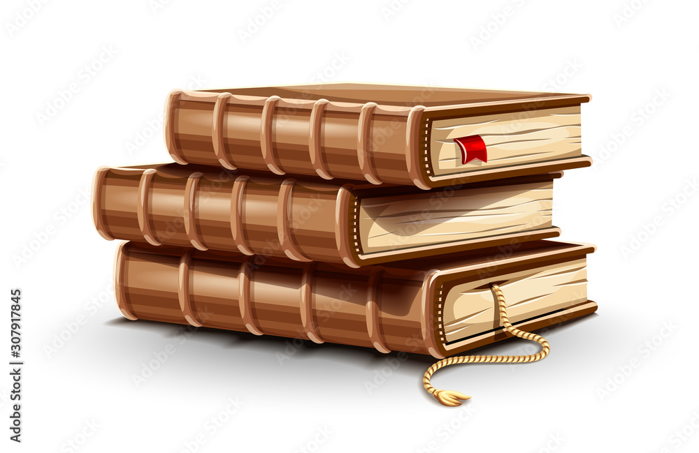 Stack pile of paper books with old leather covers and bookmark between ...