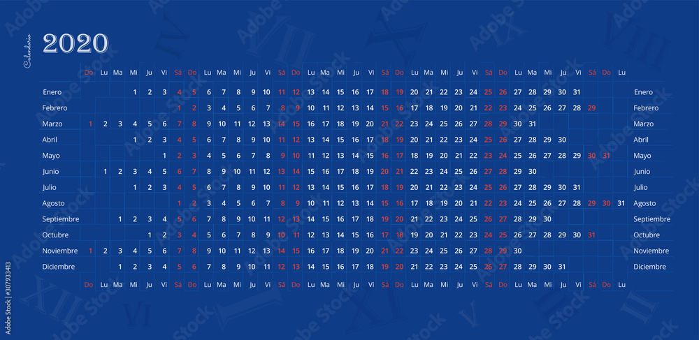 Spanish 2020 wall calendar on deep blue background with Roman numerals ...