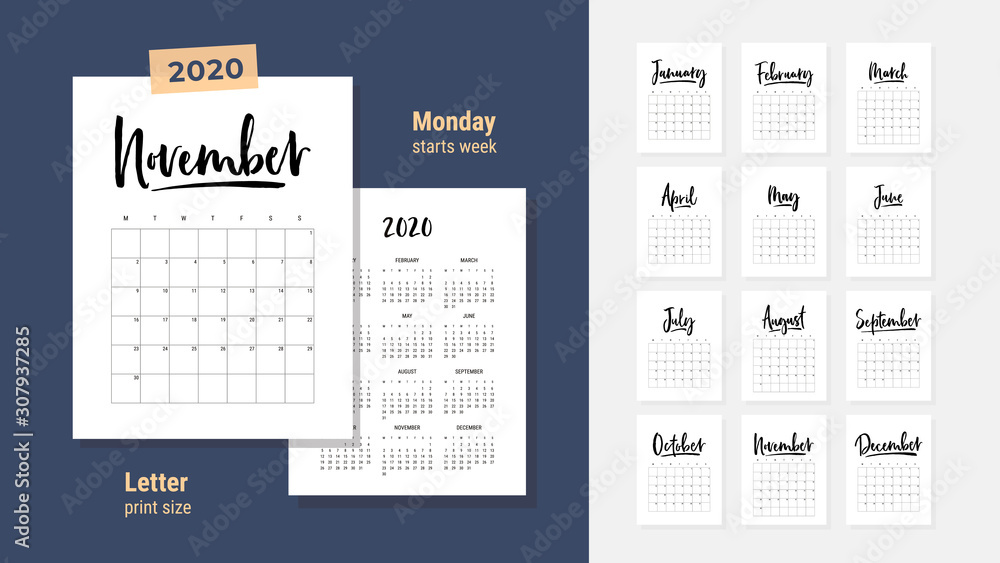2020 new year calendar in clean minimal table simple style. Hand drawn ...